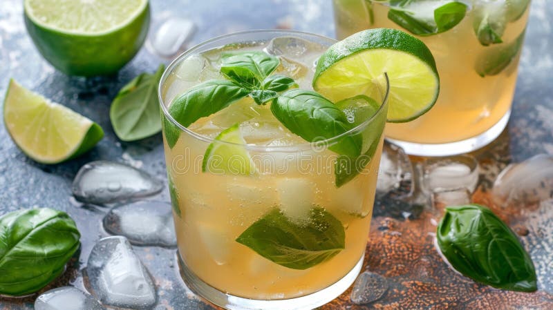 Refreshing Basil Lime Cocktail Ice Textured Background Stock Photos ...