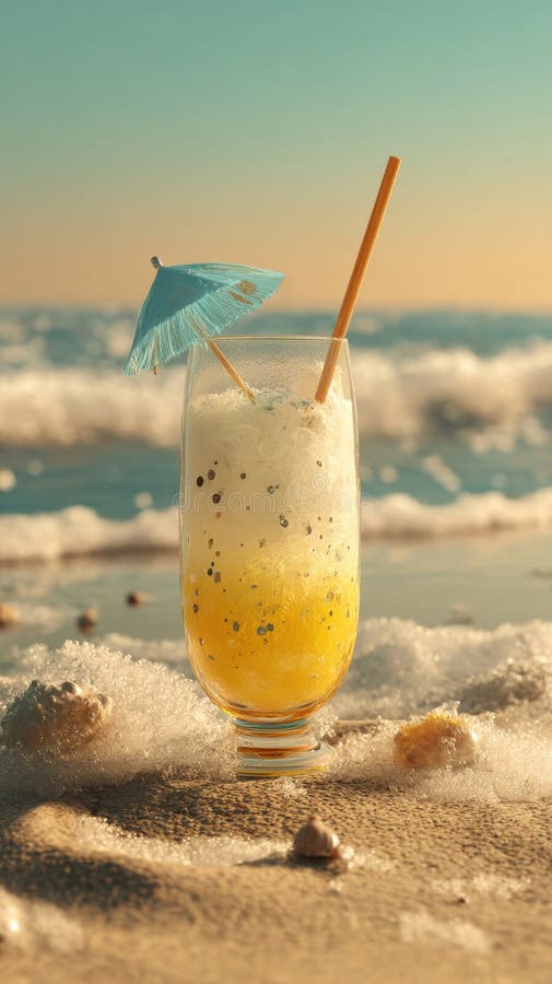 Refreshing Beach Cocktail with Umbrella in the Sand, Seaside Paradise ...