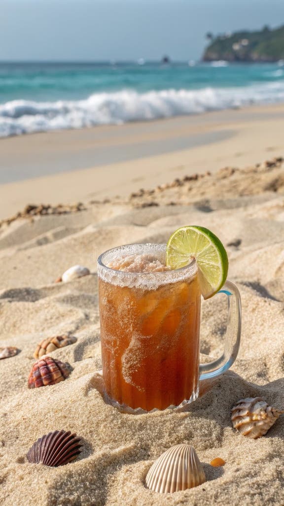 Refreshing Beach Drink with Lime Slice and Shells on Sandy Tropical ...