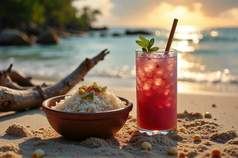 Refreshing Beachside Picnic with Rice Dish and Iced Drink at Sunset ...