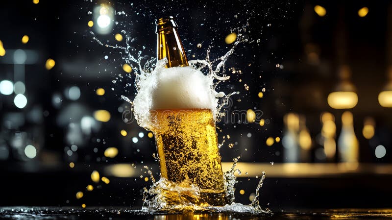 Refreshing Beer Bottle Splash in Dark Bar Royalty Free Image Stock ...