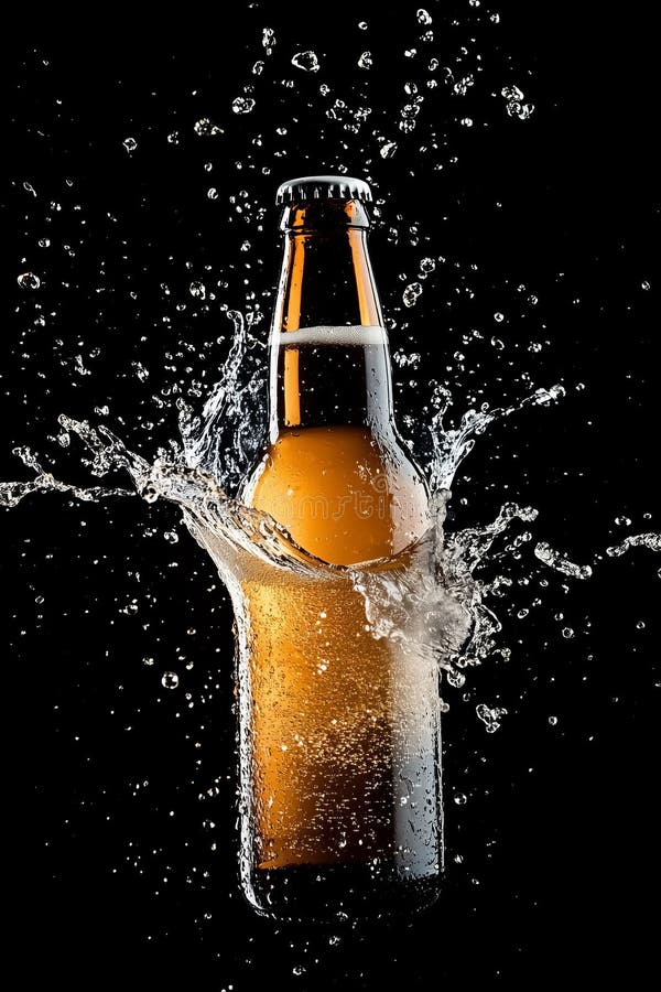Refreshing Beer Bottle Splashing on Black Background Stock Photo ...