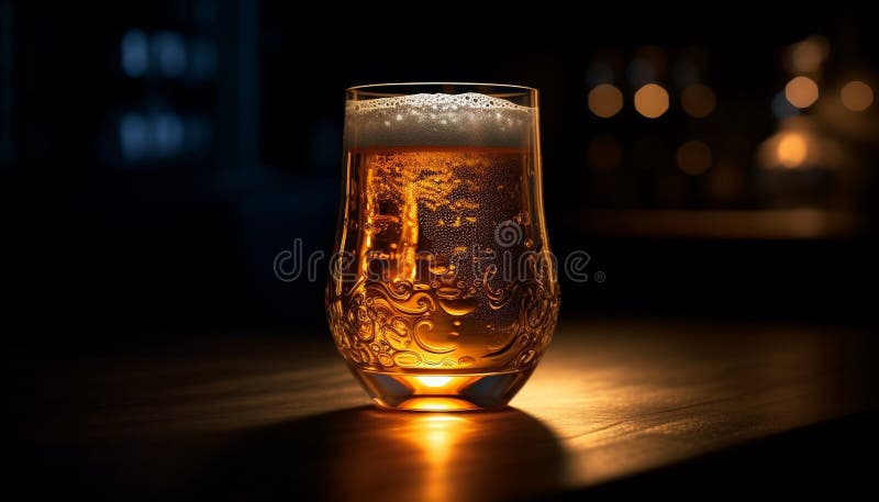 Refreshing Beer in Frothy Glass on Illuminated Bar Counter Generated by ...