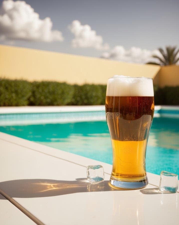 Refreshing Beer Glass beside a Sparkling Pool. Stock Image - Image of ...