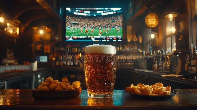A Refreshing Beer in a Pub with Snacks and a Sports Game Displayed on ...