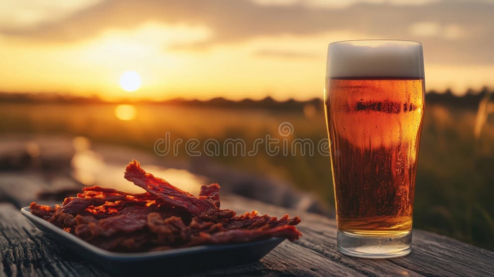 Refreshing Beer and Snacks at Sunset Outdoors Stock Image - Image of ...