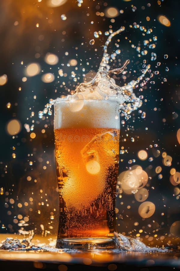 Refreshing Beer Splash in Glass on Dark Background with Bokeh Lights ...