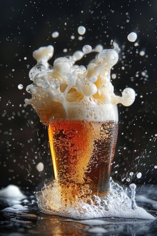 Refreshing Beer Splash in Glass on Dark Background with Bokeh Lights ...
