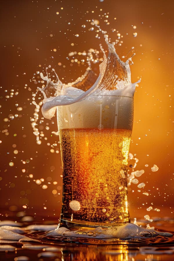 Refreshing Beer Splash in Glass on Dark Background with Bokeh Lights ...