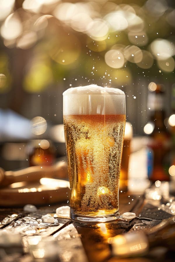 Refreshing Beer in Sunlit Forest Nature Setting with Blossoming Flowers ...
