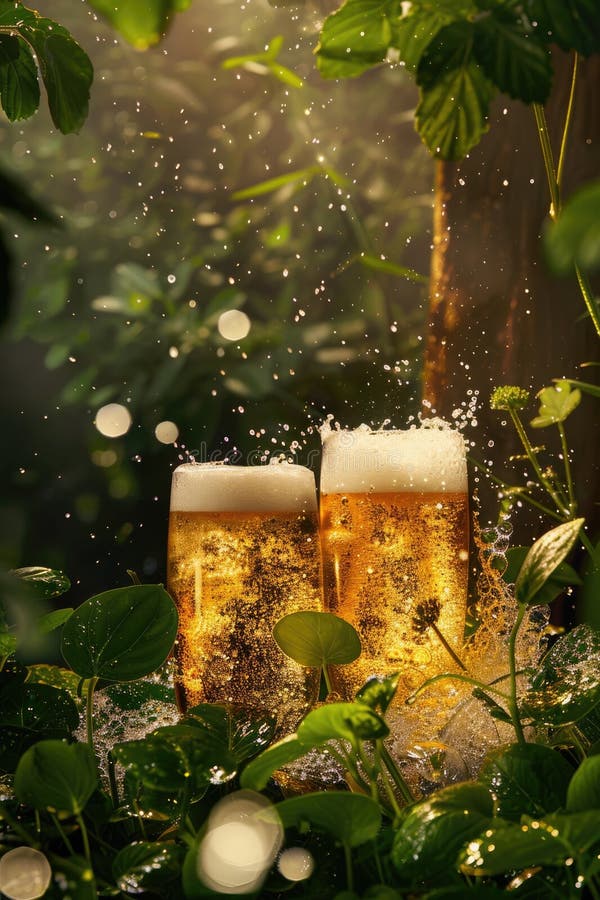 Refreshing Beer in Sunlit Forest Nature Setting with Blossoming Flowers ...
