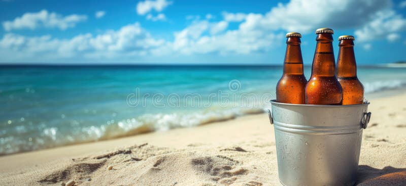 Refreshing Beers in Bucket on Sandy Beach with Ocean View and Blue Sky ...