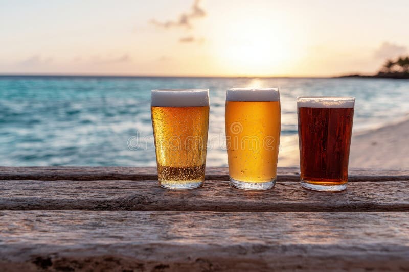 Refreshing Beers at Sunset by the Ocean Stock Illustration ...