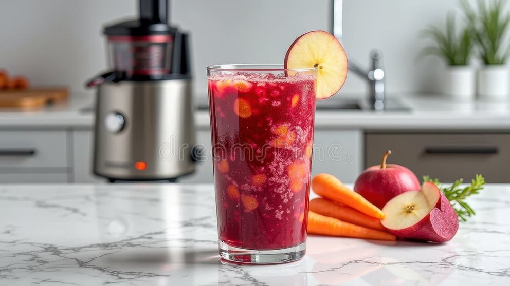 Refreshing Beet and Carrot Juice with Apple Slice on Marble Kitchen ...