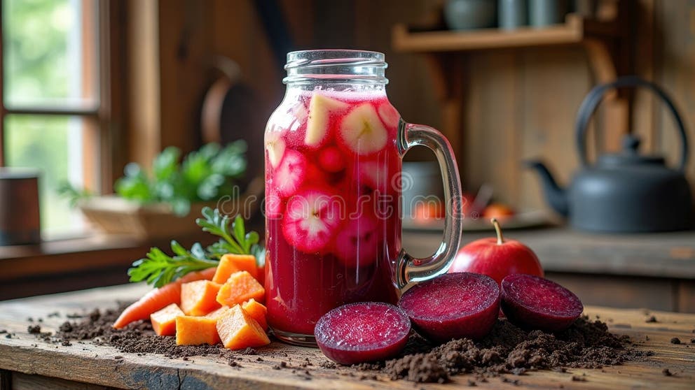 Refreshing Beetroot and Apple Drink in Rustic Kitchen Setting with ...