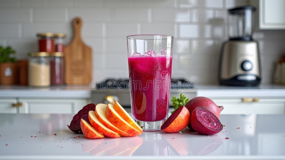 Refreshing Beetroot and Apple Juice in a Modern Kitchen Setting Stock ...