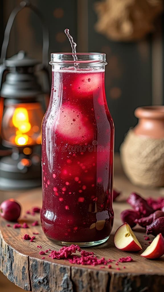 Refreshing Beetroot and Apple Juice in Rustic Setting with Lantern ...