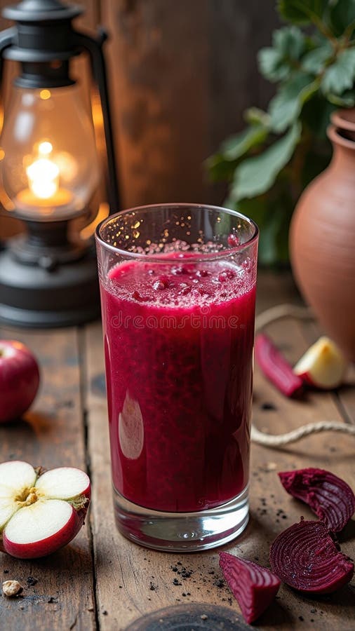 Refreshing Beetroot and Apple Juice in Rustic Setting with Lantern ...