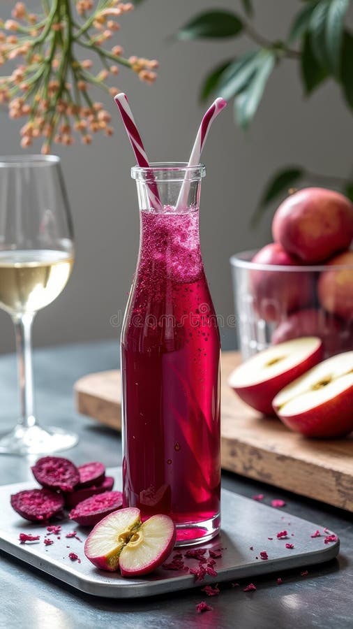 Refreshing Beetroot and Apple Juice with Straws in Glass Carafe on ...