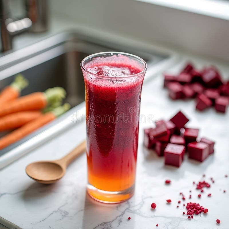 Refreshing Beetroot and Carrot Juice in Tall Glass on Kitchen Counter ...