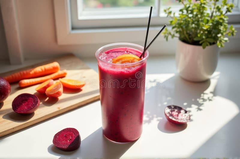 Refreshing Beetroot and Carrot Smoothie with Orange Slice on Kitchen ...