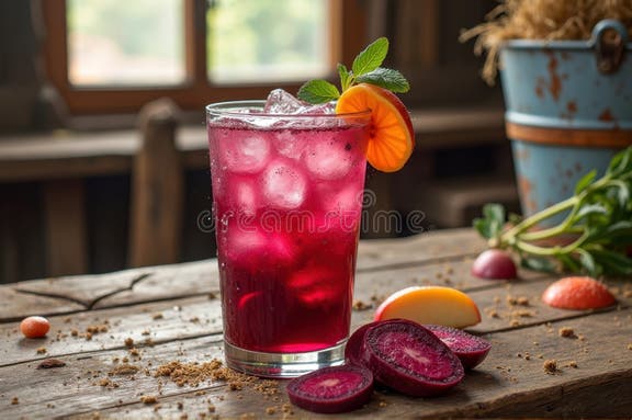 Refreshing Beetroot and Citrus Iced Drink on Rustic Wooden Table Stock ...