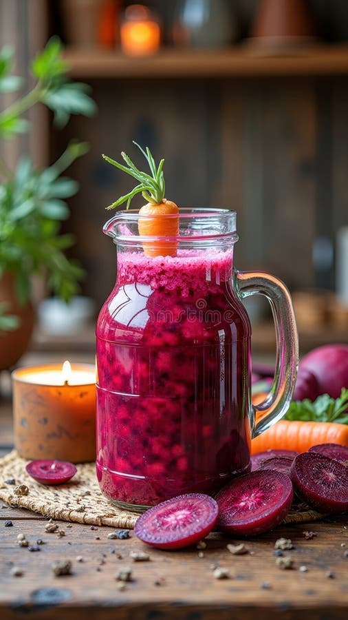 Refreshing Beetroot Juice in Glass Pitcher with Carrot Garnish on ...