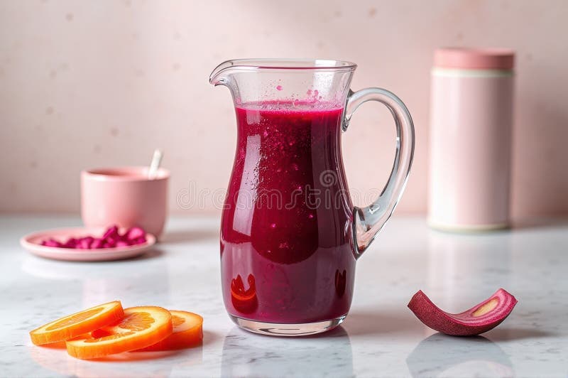 Refreshing Beetroot and Orange Juice in Glass Pitcher on Marble Stock ...