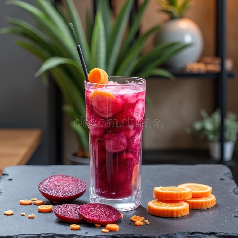 Refreshing Beetroot and Orange Juice in Glass with Vegetables on Slate ...