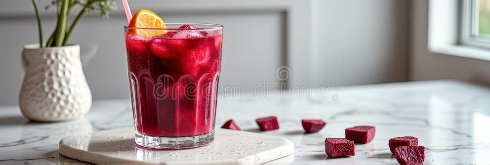 Refreshing Beetroot and Orange Juice with Ice Cubes on Marble ...