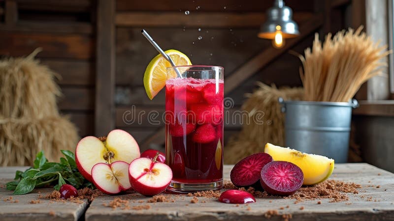 Refreshing Berry Apple Juice with Lime and Plum in Rustic Setting Stock ...