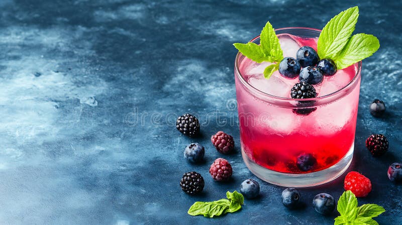 Refreshing Berry Cocktail with Ice and Mint on Dark Blue Background ...