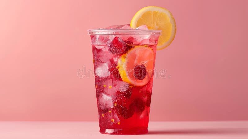 Refreshing Berry Fizz with Lemon in a Clear Plastic Cup a Realistic ...