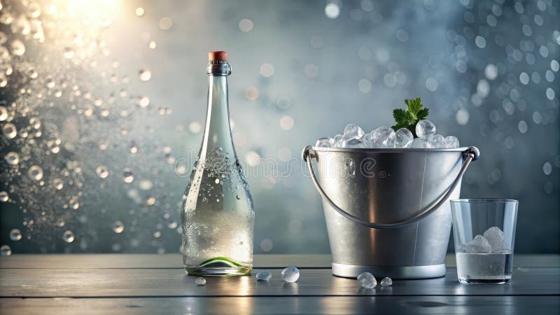 Refreshing Beverage Bottle with Ice Bucket and Glass on Table ...