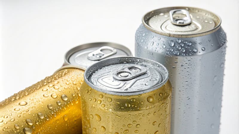 Refreshing Beverage Cans with Water Droplets on Metallic Surface Stock ...