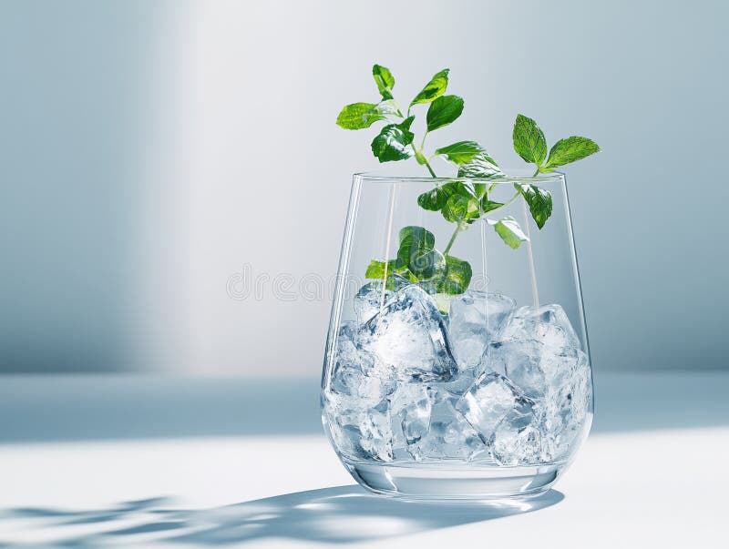 Refreshing Beverage Concept with Clear Glass of Ice and Mint Leaves for ...