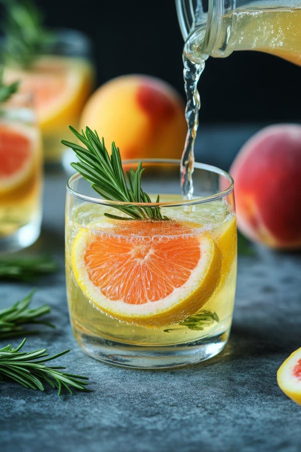Refreshing Peach Drinks with Rosemary on a Rustic Table Stock Image ...