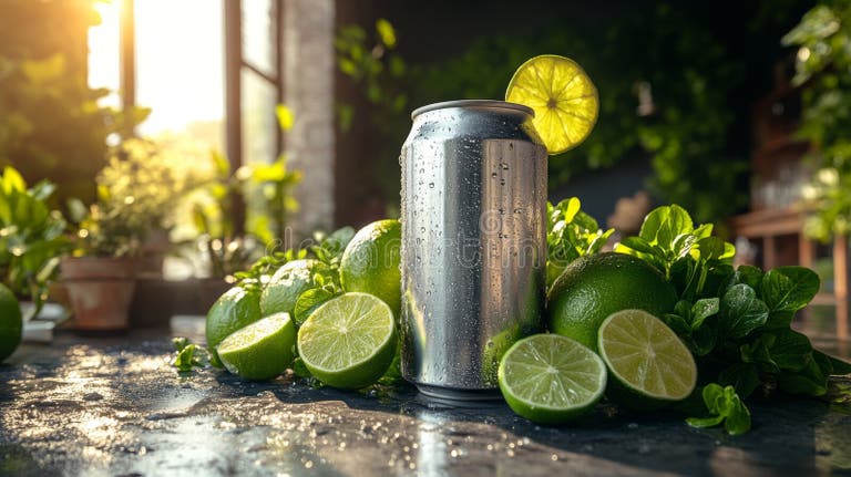 Refreshing Beverage with Lime and Mint on a Sunny Afternoon in a Rustic ...
