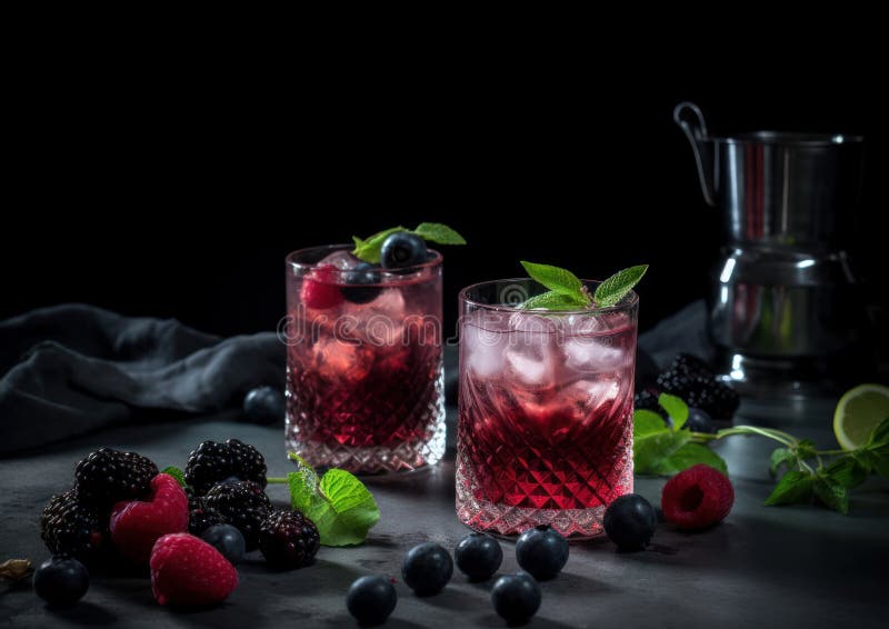 Refreshing Beverage of Vibrant Berry Mint Cocktail on Dark Background ...