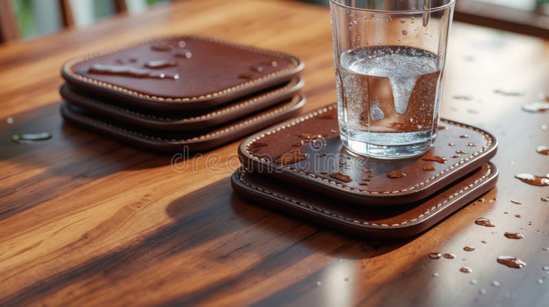 Refreshing Beverage on Wooden Table with Leather Coasters and Spills ...