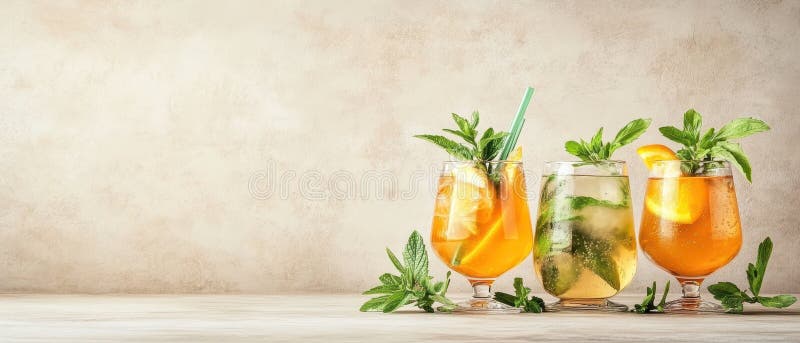 Refreshing Beverages Rest Against a Light Surface. Drinks Inside Glass ...