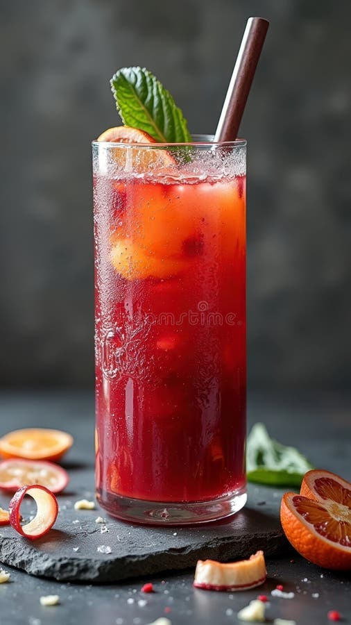 Refreshing Blood Orange Iced Tea with Fresh Mint Leaves and Straw Straw ...