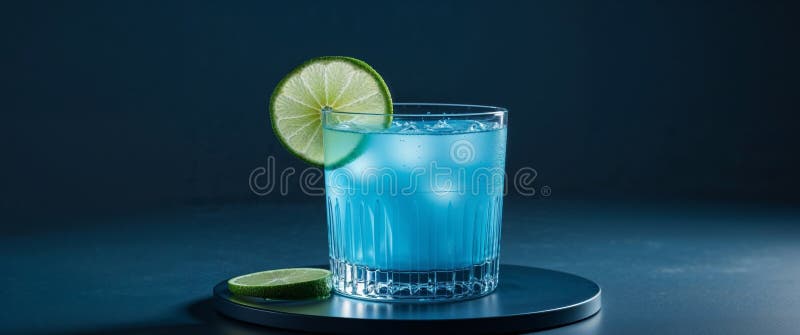 Refreshing Blue Beverage with Lime Slice on a Dark Surface at Night ...