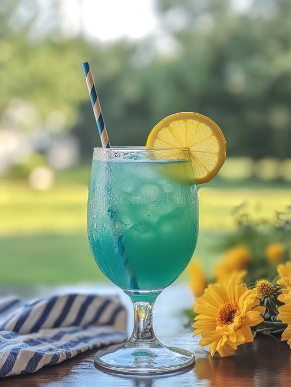 Refreshing Blue Cocktail with Lemon Slice and Striped Straw Outdoors. Stock Photo - Image of ...