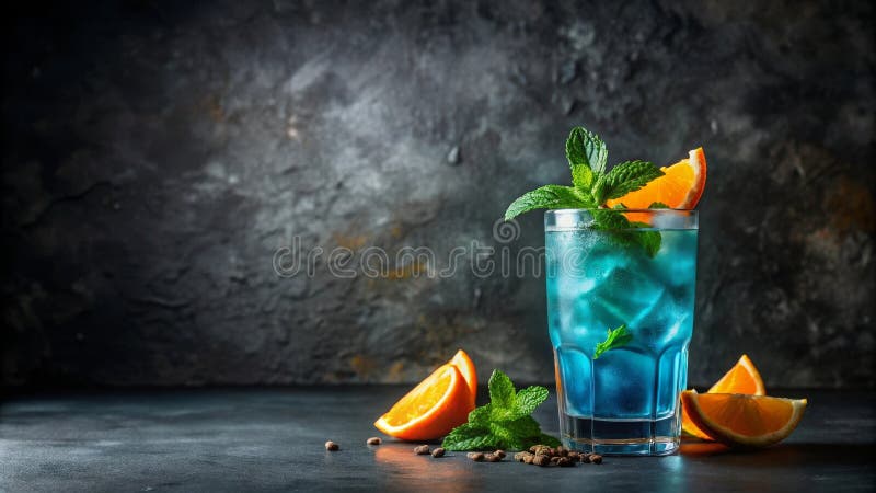 Refreshing Blue Cocktail with Orange and Mint Garnish on Dark ...