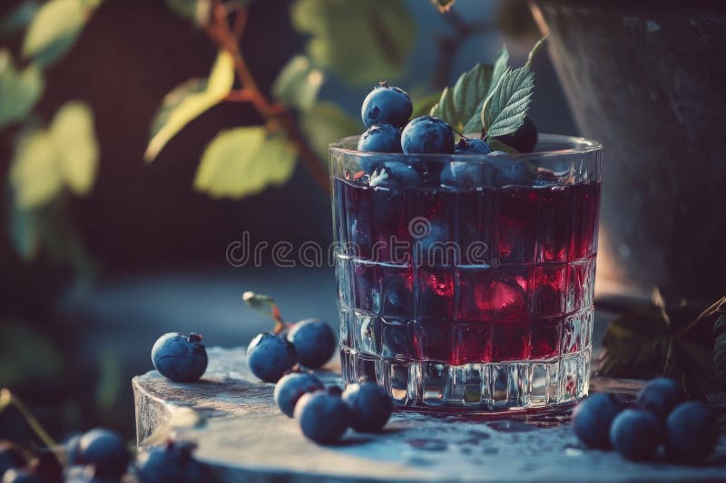 Refreshing Blueberry Beverage in Glass with Fresh Fruit and Rustic ...