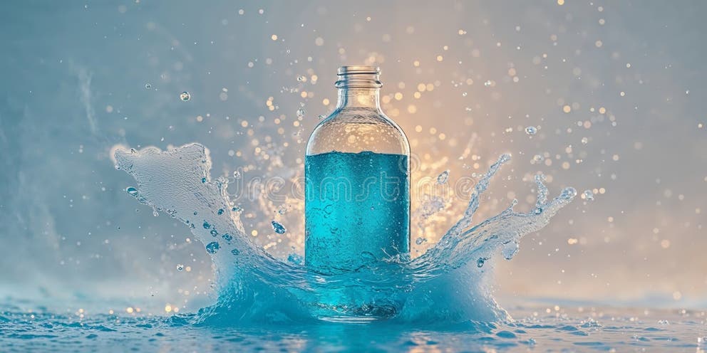 A Refreshing Bottle of Blue Liquid and Water Spray Stock Image - Image ...