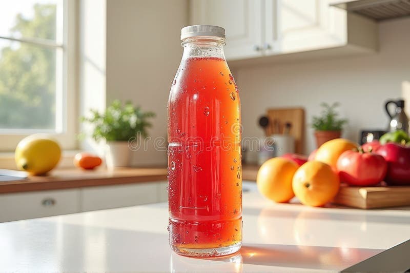 Refreshing Bottle of Sparkling Red Juice on Sunlit Kitchen Counter ...