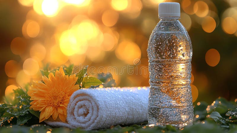 A Refreshing Bottle of Water beside a Towel and Flower, Perfect for ...