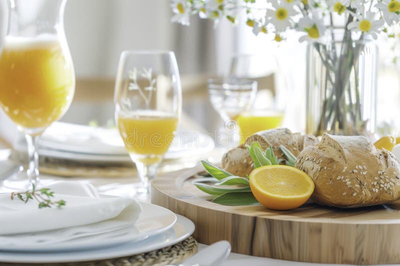 Refreshing Breakfast Setting with Orange Juice and Fresh Baked Rolls on ...